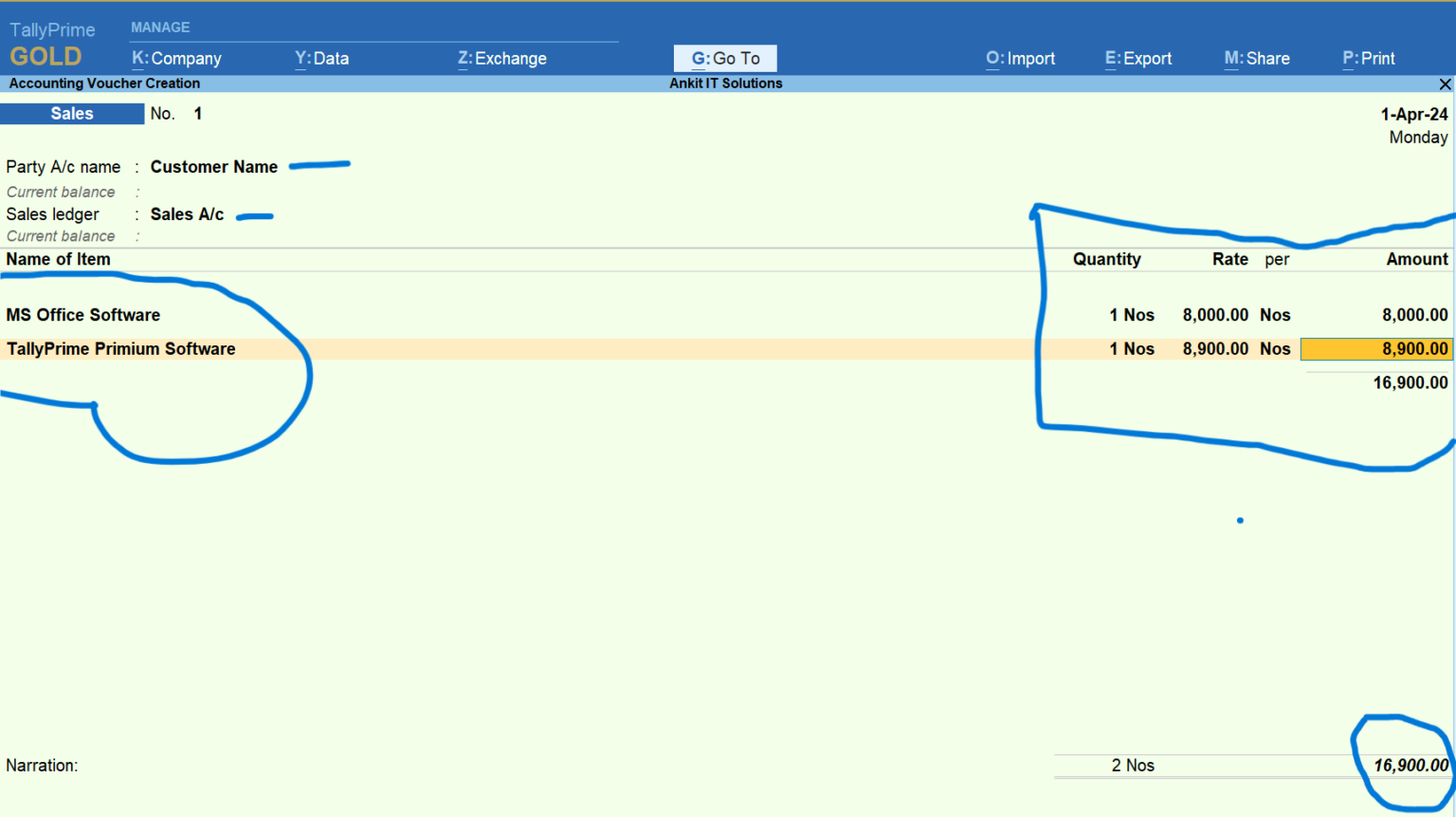 Sales Voucher in Tally Prime - Ankit IT Solutions - Training Institute