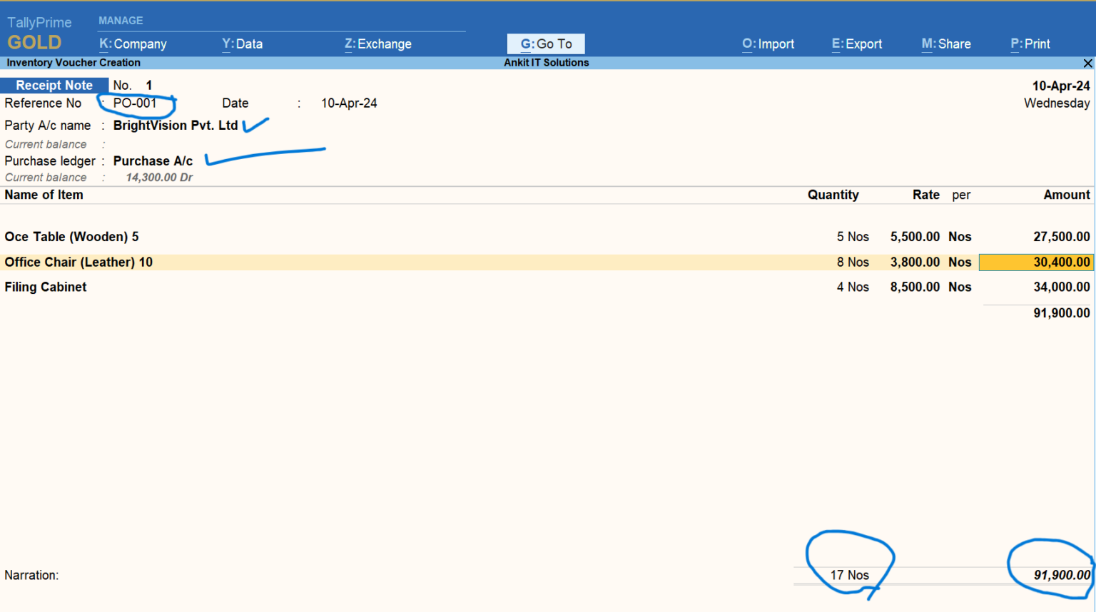 Receipt Note Voucher in Tally Prime - Purchase Cycle / Proccess - Ankit ...