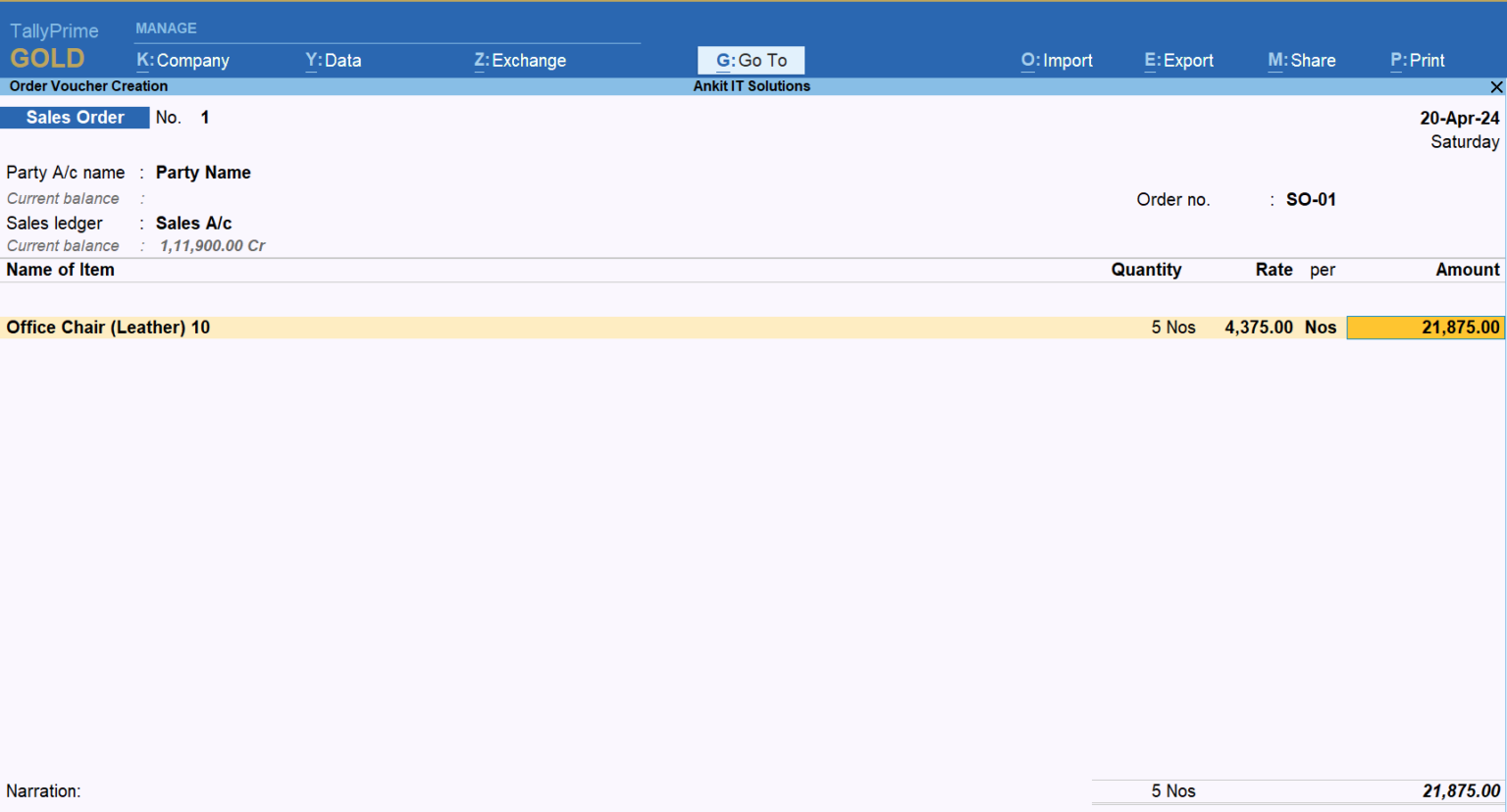Sales Order Voucher in TallyPrime - Sales Cycle / Proccess - Ankit IT ...