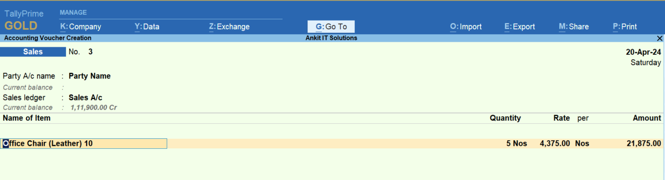 Sales Voucher in Tally - Sales Cycle / Proccess - Ankit IT Solutions ...